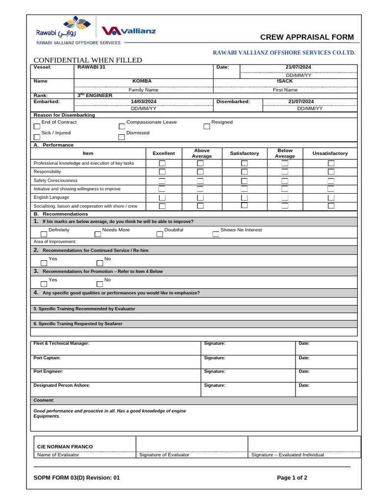 Seafarer Performance Appraisal Form | PDF | Water Transport | Ships