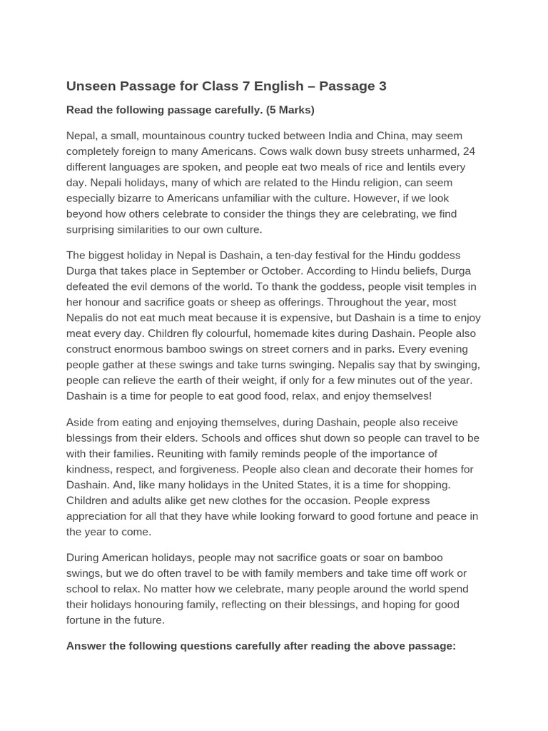 Unseen Passage For Class 7 English | PDF
