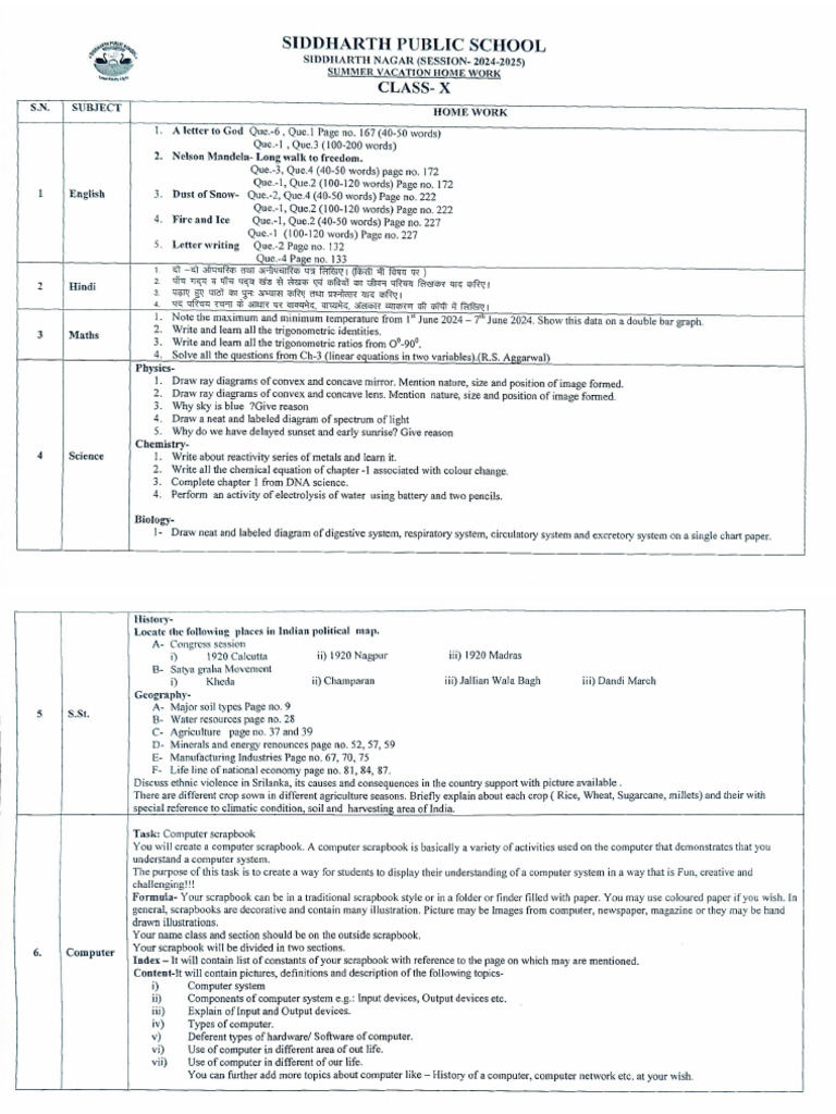 Holiday Homework Class X | PDF