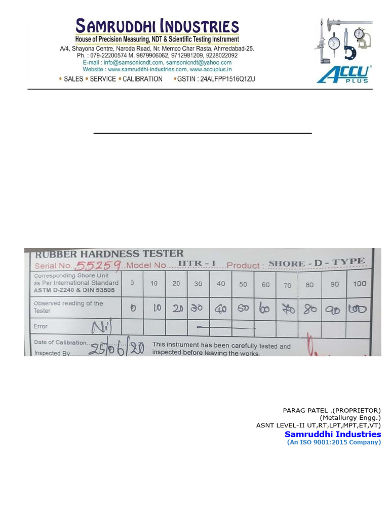 Rubber Hardness D Tester Calibration Certificate | PDF