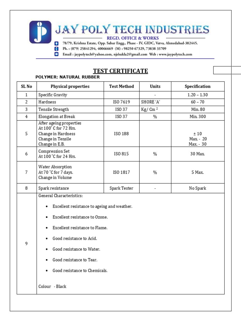 Natural Rubber Test Certificate Details | PDF