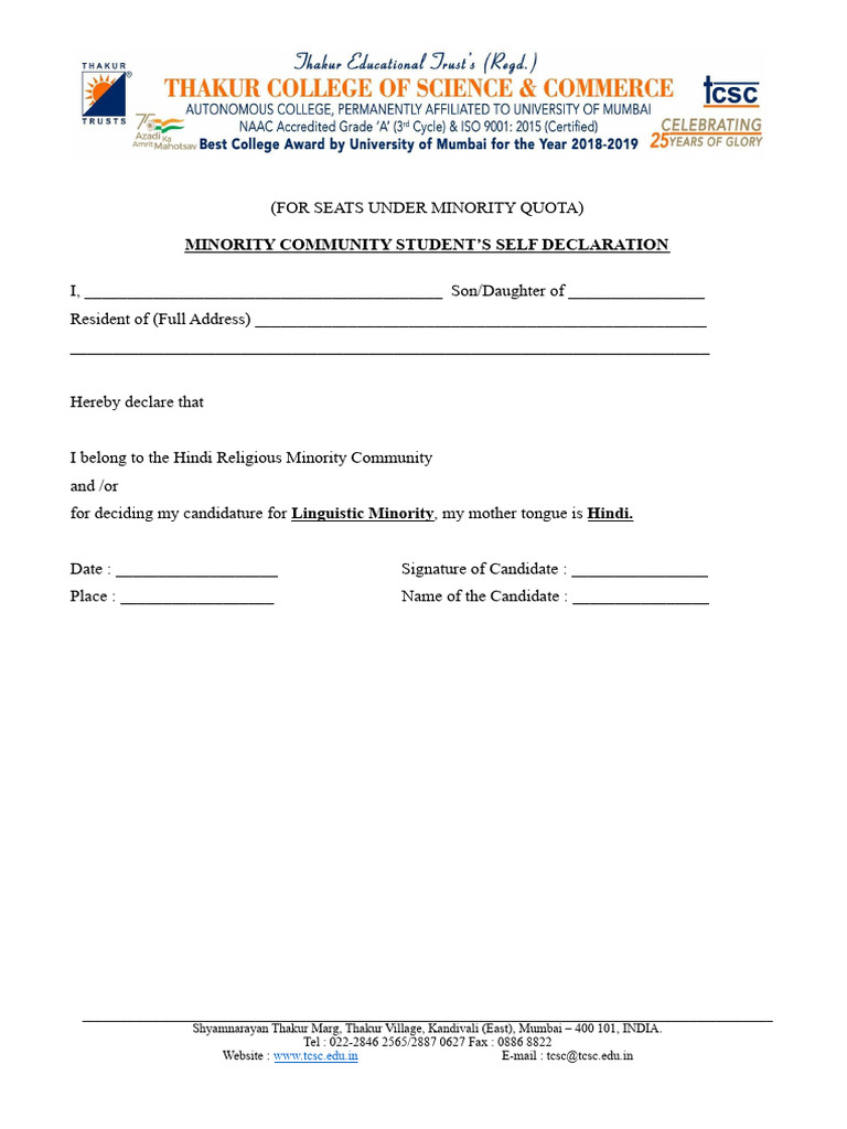 Self Declaration Minority Form | PDF