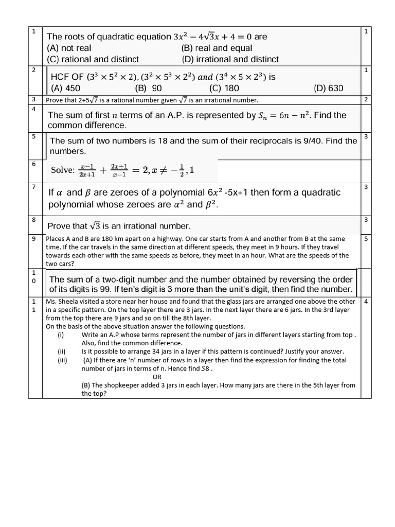 Assessment 1 - Class X | PDF