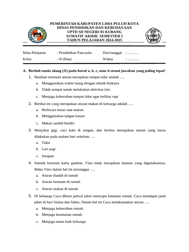 Soal Asas Ganjil Pend. Pancasila Kelas 2 | PDF