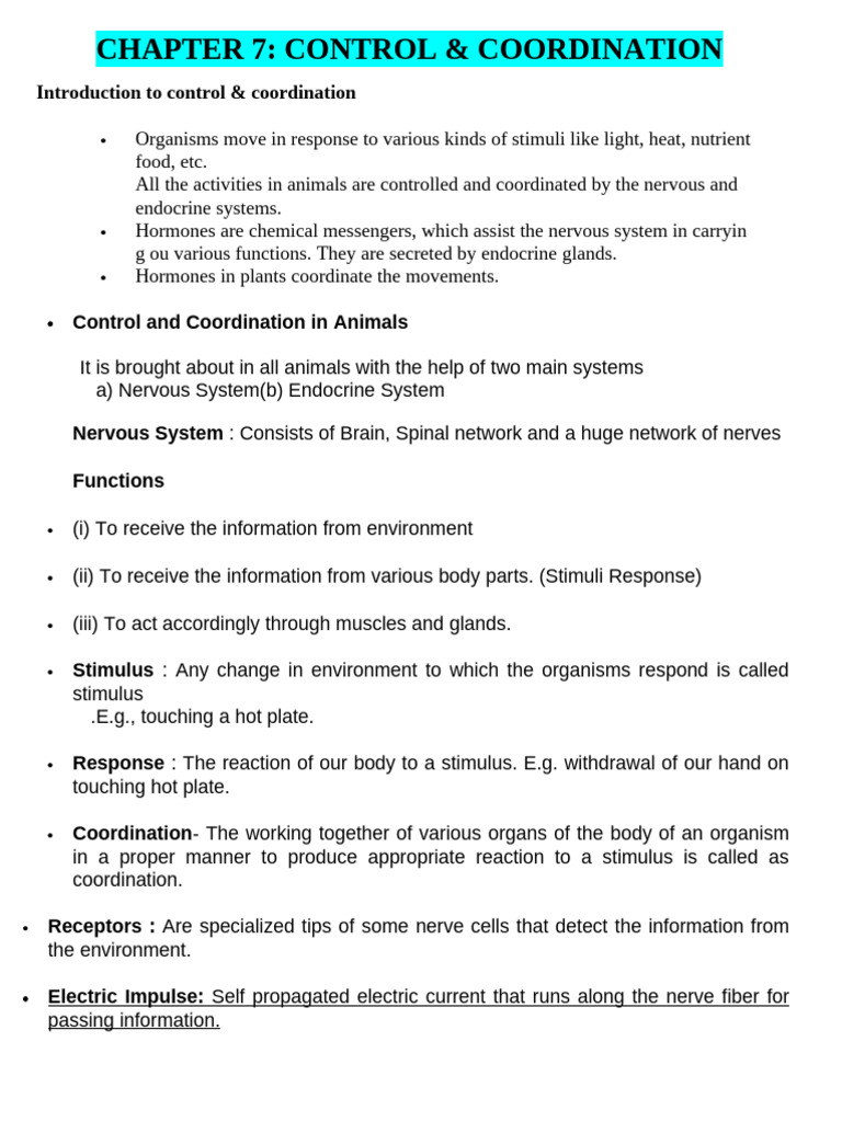 Control and Coordination - Notes | PDF | Nervous System | Neuron