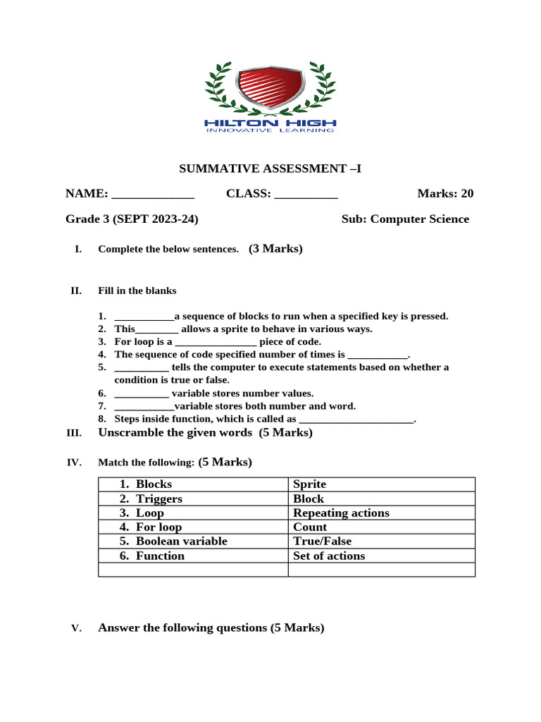 Grade3-SA1 | PDF | Control Flow | Mathematical Logic
