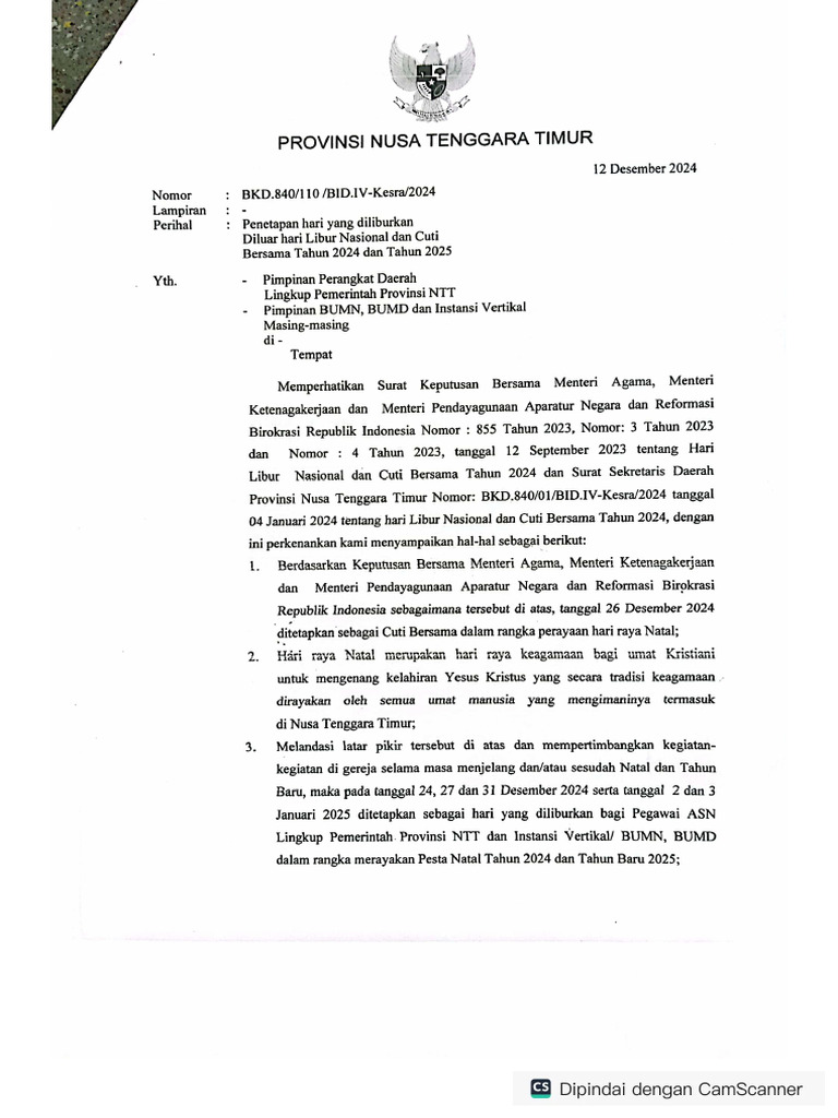 Penetapan Hari Yang Diliburkan Diluar Hari Libur Nasional Dan Cuti ...