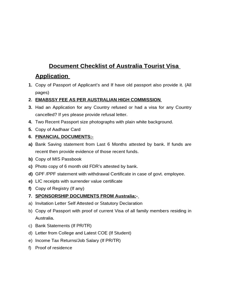 Australia Tourist Visa Checklist | PDF