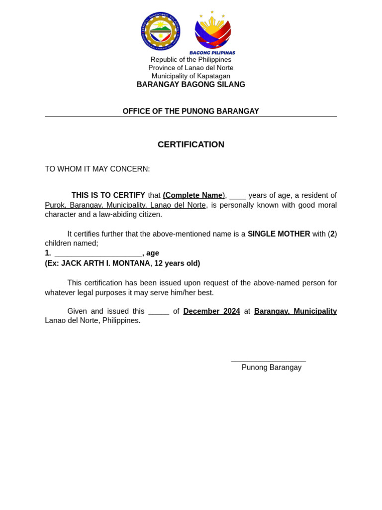 Template - Barangay Certification | PDF