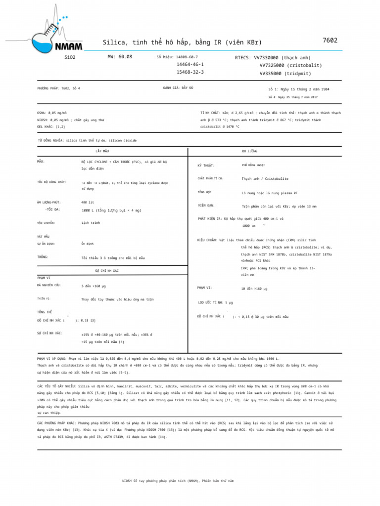 Silica, Tinh Thể Hô Hấp, Bằng Ir (Viên Kbr) 7602 | PDF