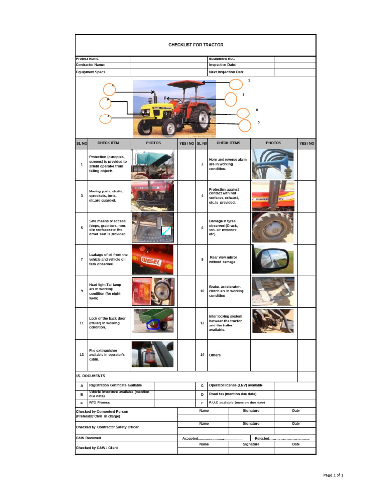 Tractor Inspection Checklist | PDF | Vehicles | Automotive Industry