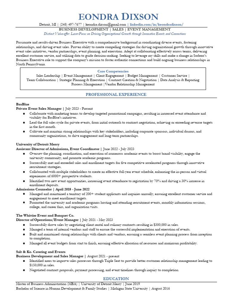 Keondra Dixson Resume - Sodexo | PDF | Sales | Customer Relationship ...