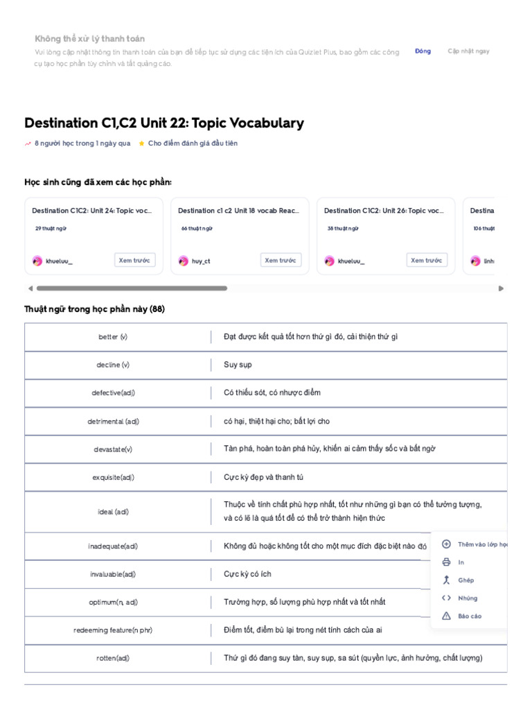 Thẻ ghi nhớ - Destination C1,C2 Unit 22 - Topic Vocabulary - Quizlet | PDF