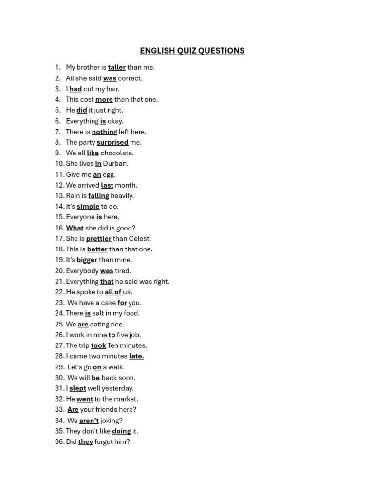 English Quiz Questions 1 | PDF | English Language | Verb