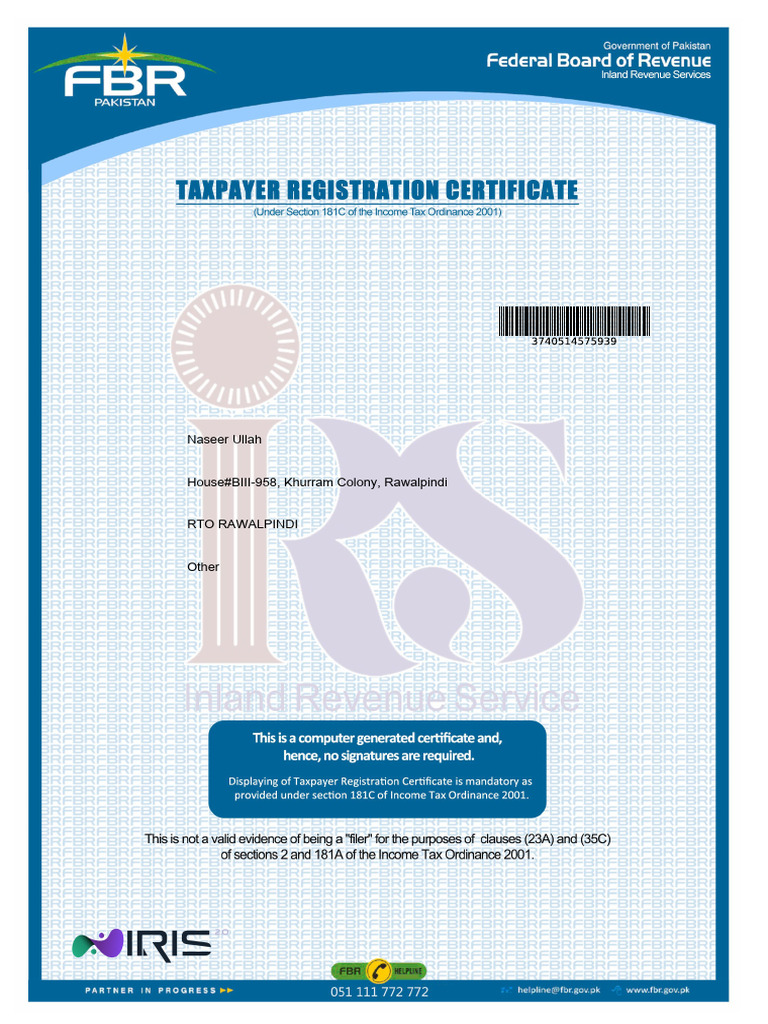 FBR Certificate | PDF