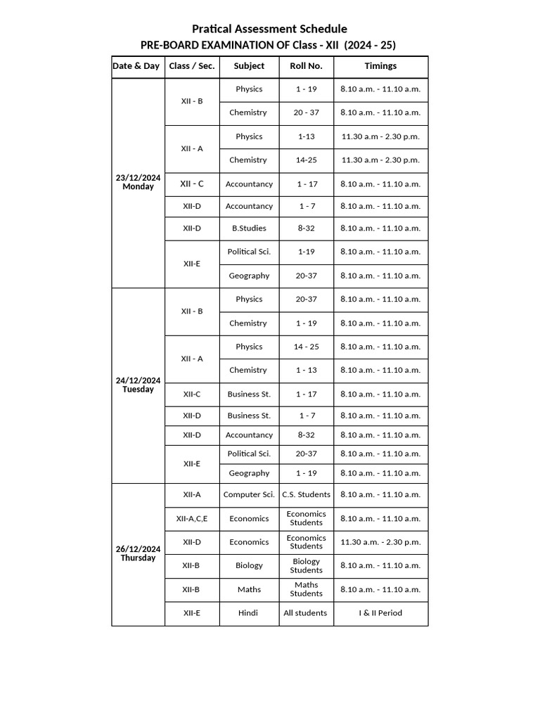 Class XII Pre-Board Exam Schedule 2024 | PDF