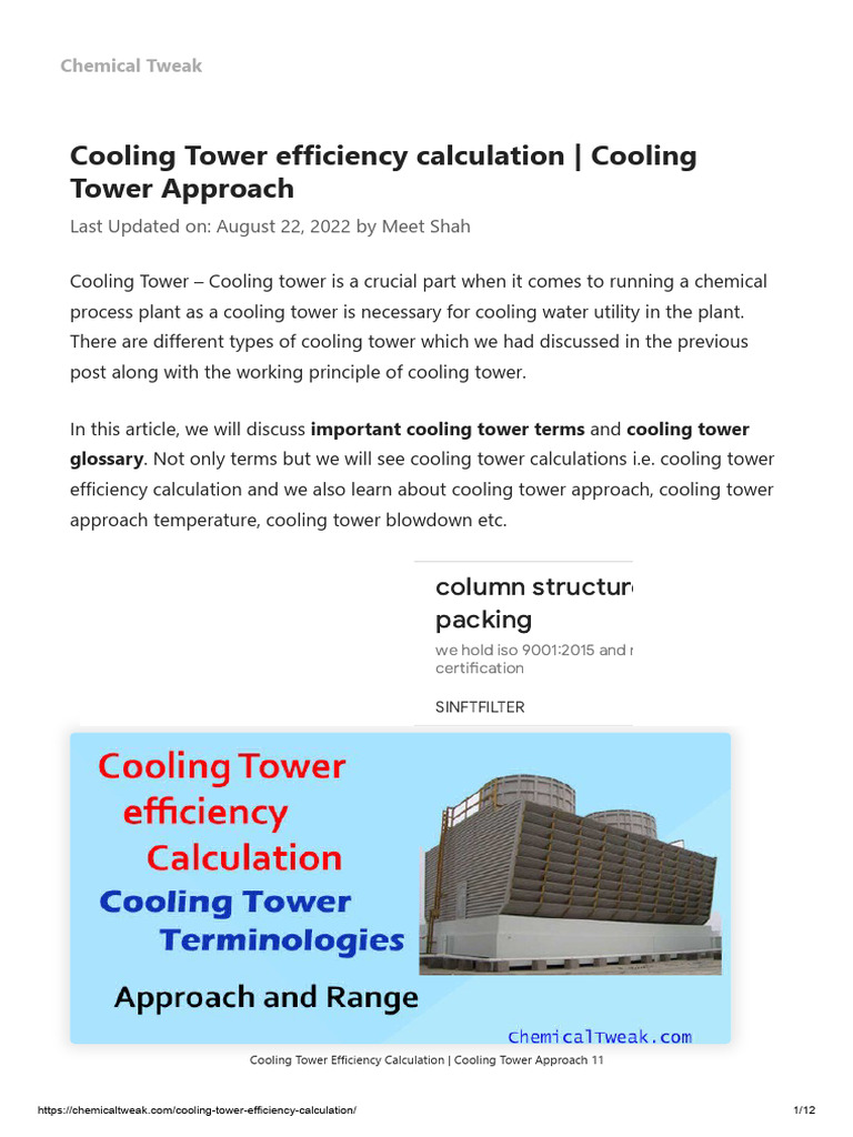 Cooling Tower Efficiency Calculation - Cooling Tower Approach | PDF | Thermodynamics | Continuum ...