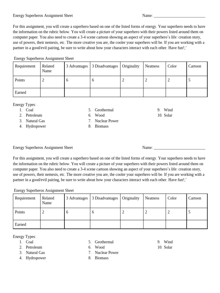 Energy Superhero Creation Assignment | PDF | Power (Physics) | Climate ...