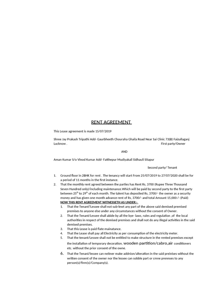 RENT AGREEMENT english | PDF | Lease | Leasehold Estate