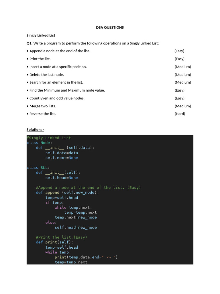 Dsa Questions Singly Linked List Q1 | PDF | Algorithms And Data Structures | Computer Data