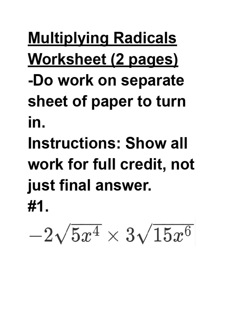 Multiplying Radicals Worksheet 2 Pages | PDF