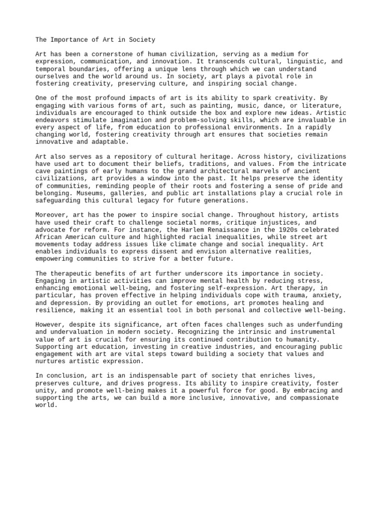 Importance of Art in Society | PDF | Creativity | Art Therapy