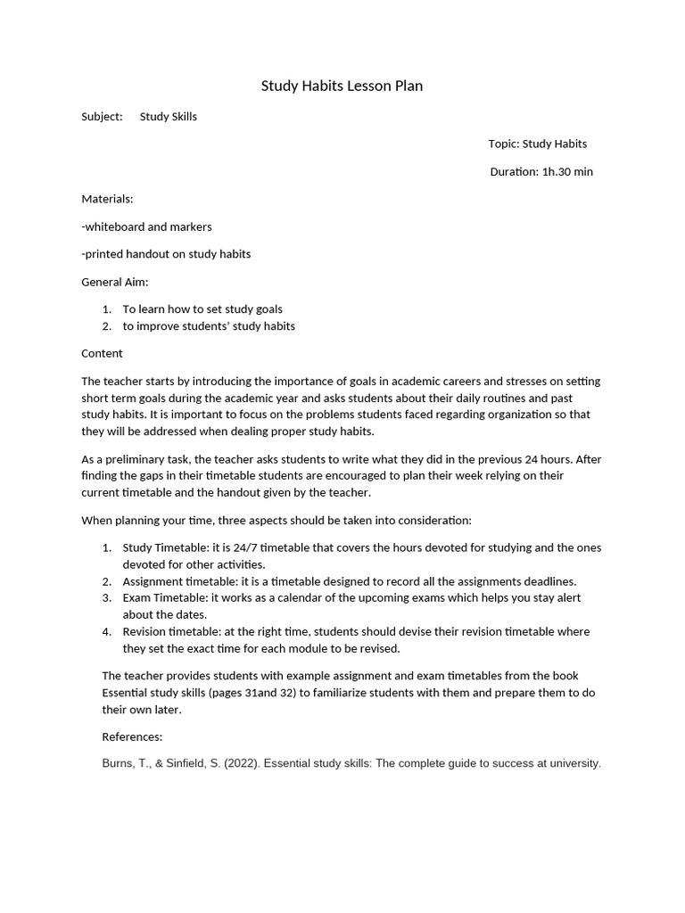 Study Habits Lesson Plan | PDF | Goal | Study Skills