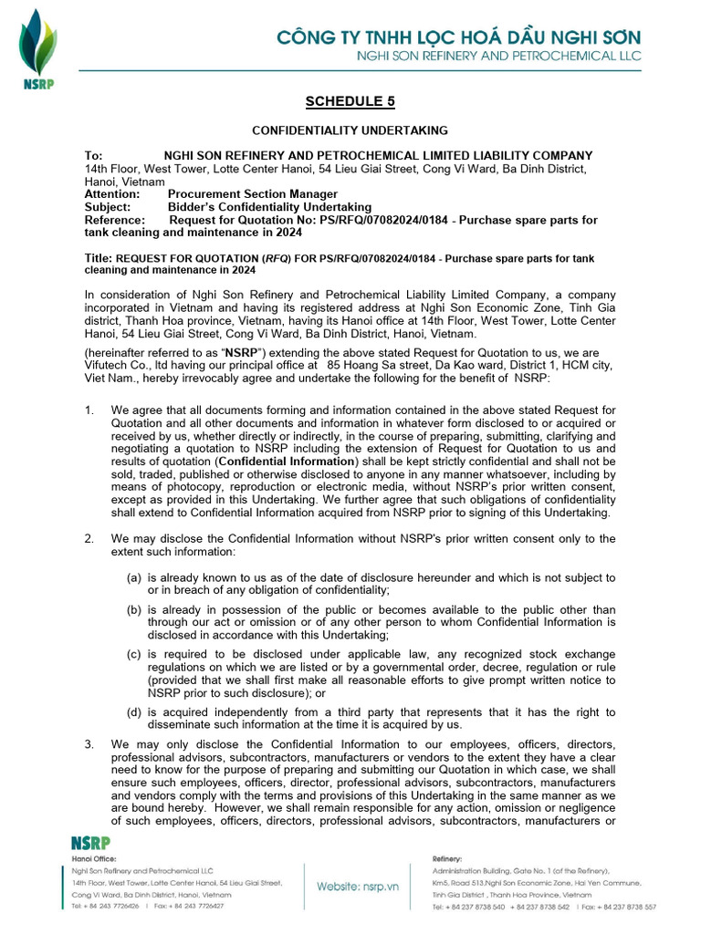 Schedule 5 - Confidentiality Undertaking | PDF | Arbitration | Private Law