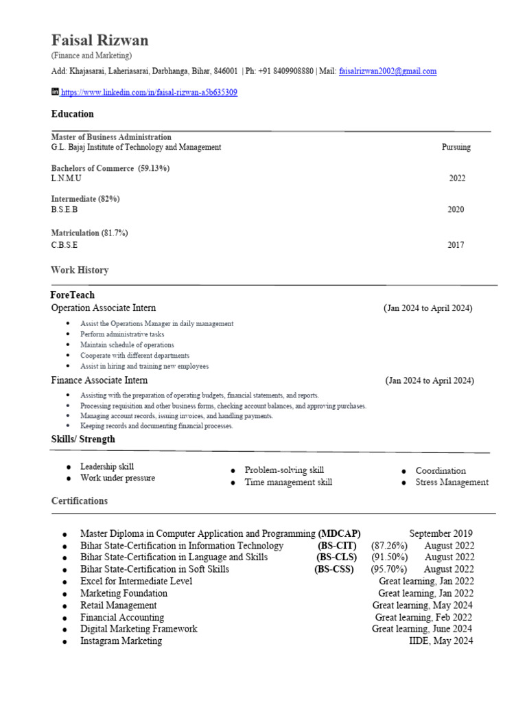 Faisal Rizwan Resume PDF | PDF | Business