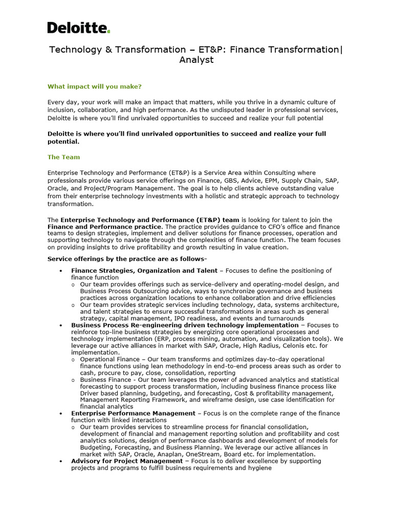 Job Description - ET&P Finance Transformation Analyst - Deloitte India ...