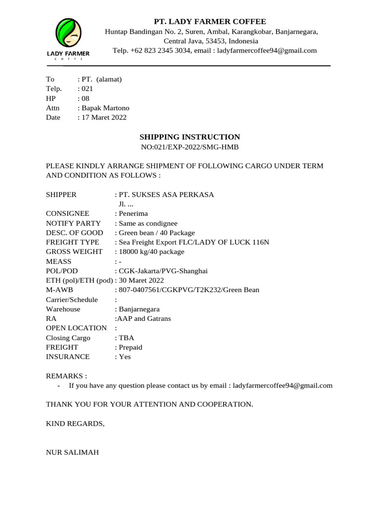 Shipping Instruction LFC | PDF | Cargo | Consumer Goods