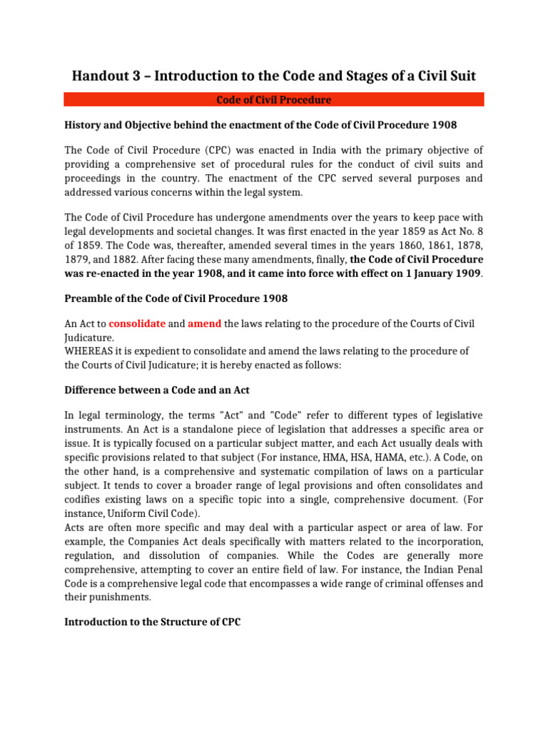 Handout 3 – Introduction to the Code and Stages of a Civil Suit FINAL | PDF | Discovery (Law ...