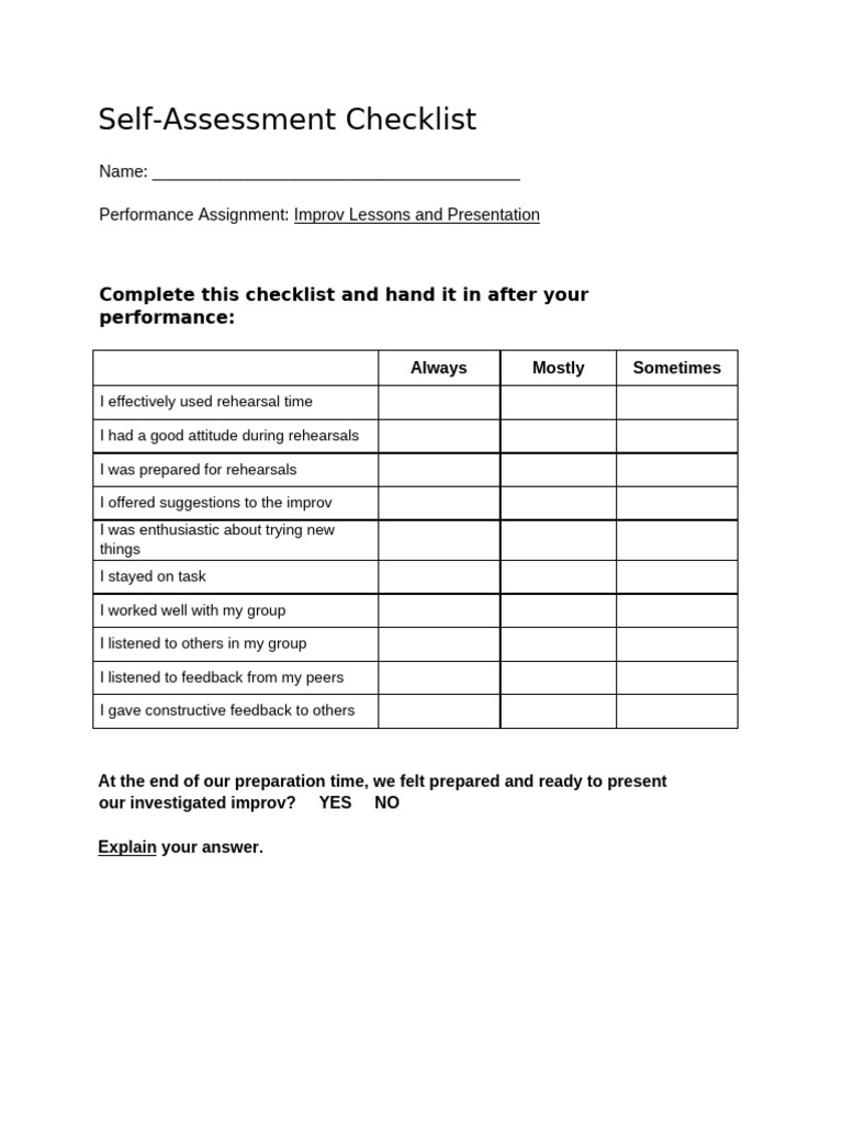 Improv Reflection Self Assessment Checklist WORD (2) | PDF