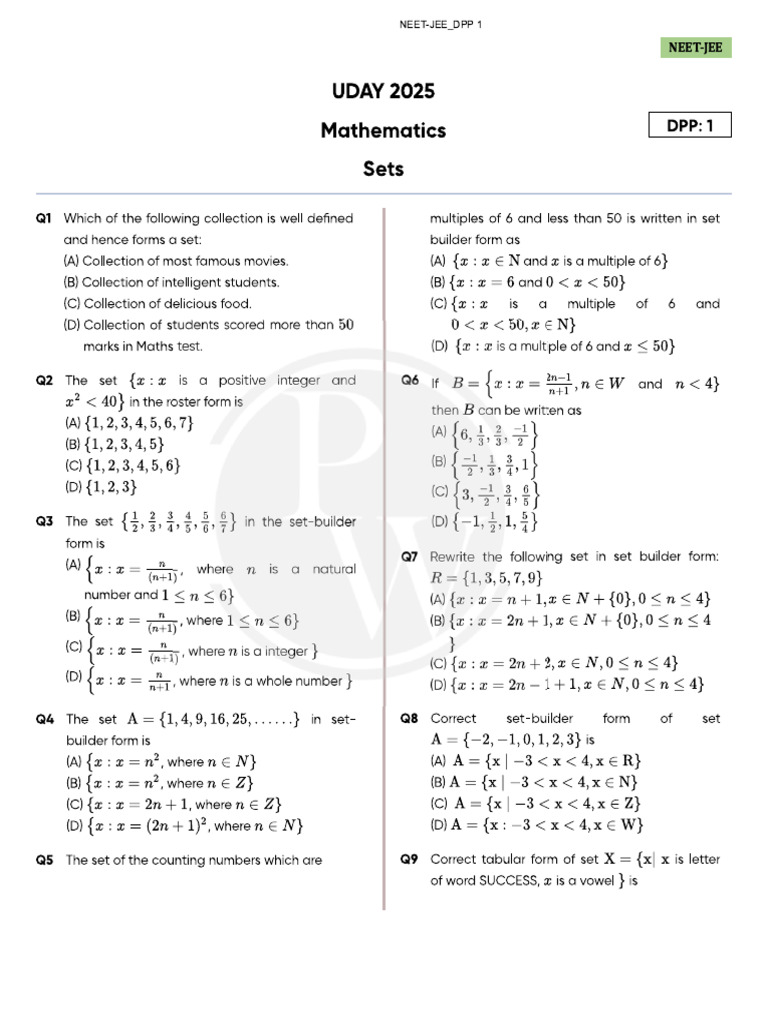 Sets DPP 01 Uday 2025 | PDF