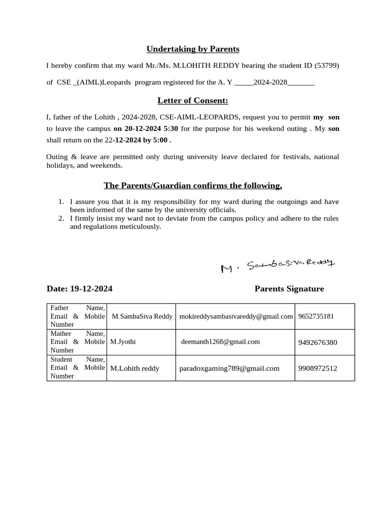 Outing Consent Letter for Student | PDF