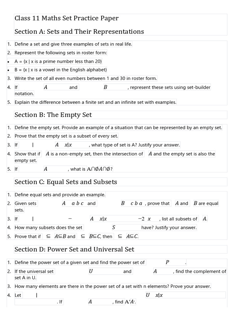 Class 11 Maths Set Practice Paper | PDF | Set (Mathematics) | Empty Set