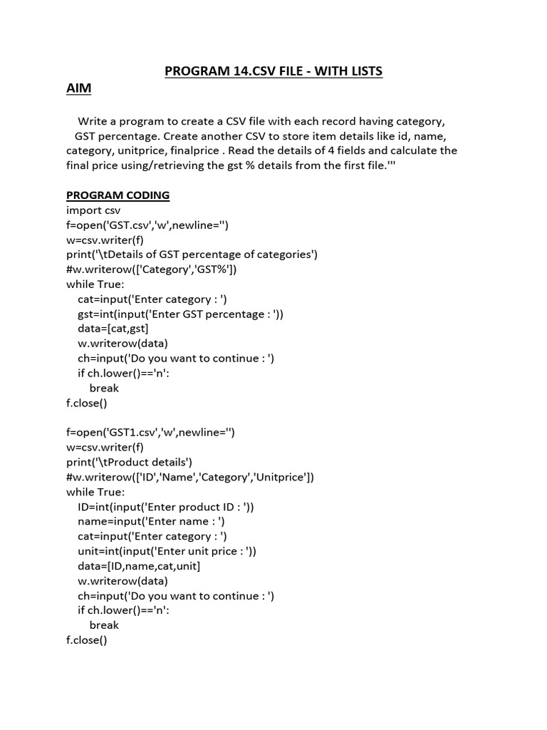 Program 14.Csv File - With Lists AIM | PDF