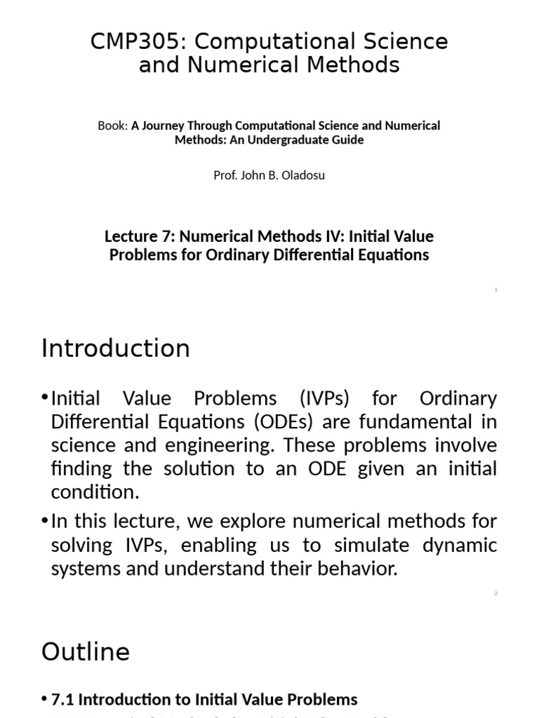 Cmp305 Lecture On Numerical Methods Iv Initial Value Problems For Ordinary Differential