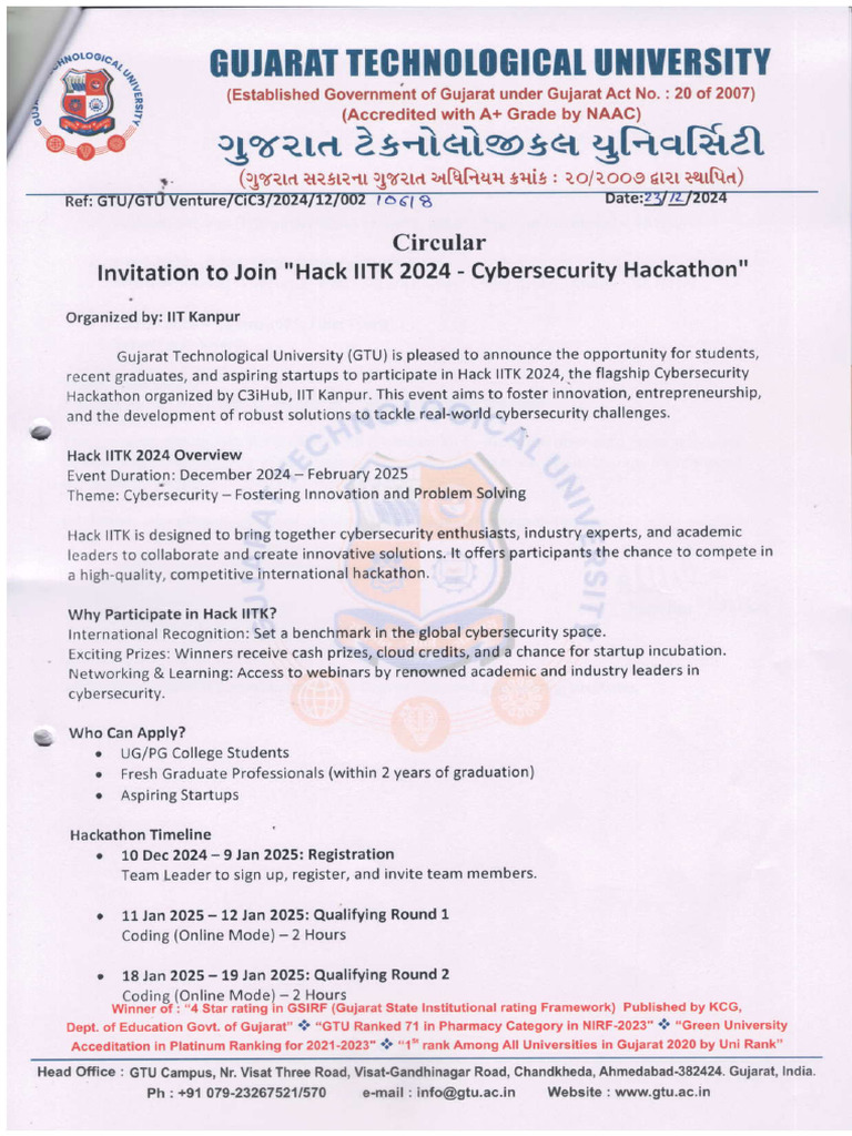 Circular - Invitation To Join 'Hack IITK 2024 - Cybersecurity Hackathon' (CIC3) - 320161 | PDF ...