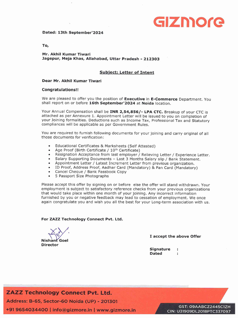 Offer Letter - Akhil Kumar Tiwari | PDF