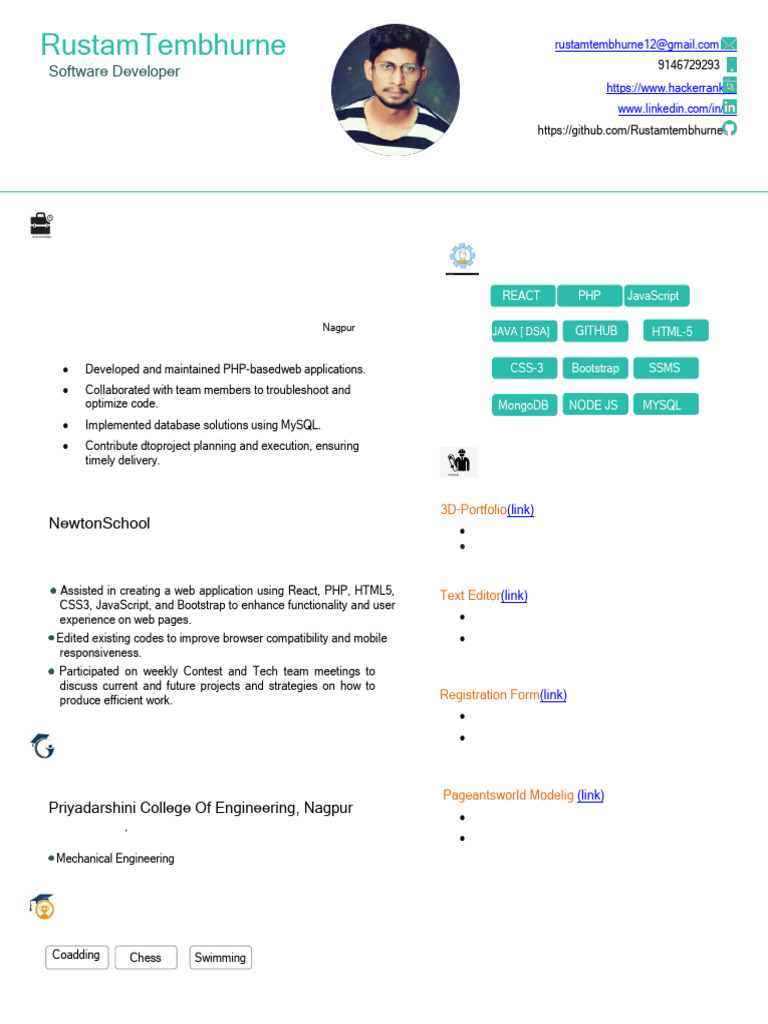 Resume Rustam Tembhurne Tembhurne | PDF | Java Script | Bootstrap (Front End Framework)