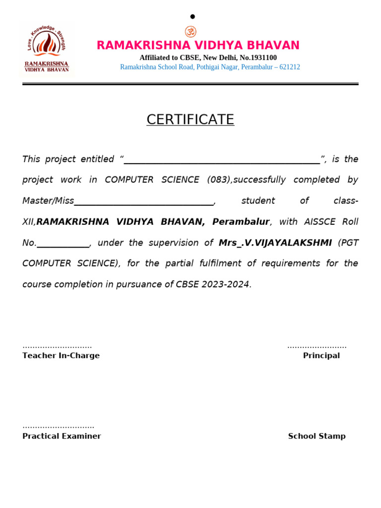 CBSE XII Computer Science Project Certificate | PDF
