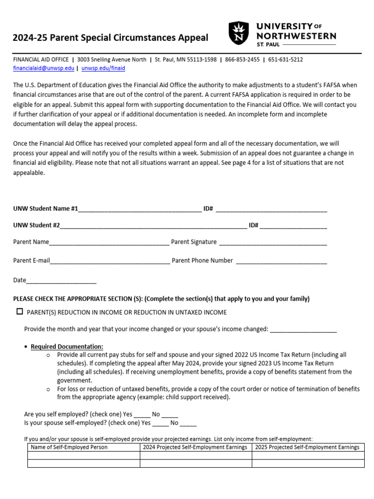 2024-25 Parent Financial Aid Appeal Form | PDF | Debt | Health Savings ...