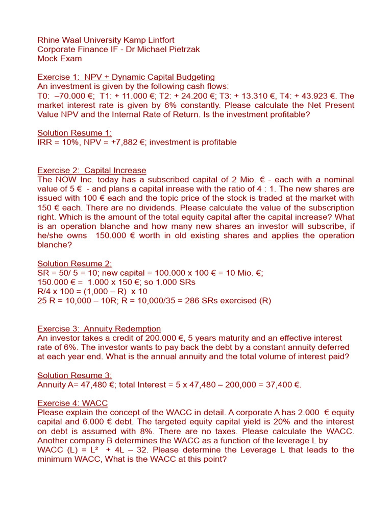 Mock Exam | PDF | Internal Rate Of Return | Equity (Finance)