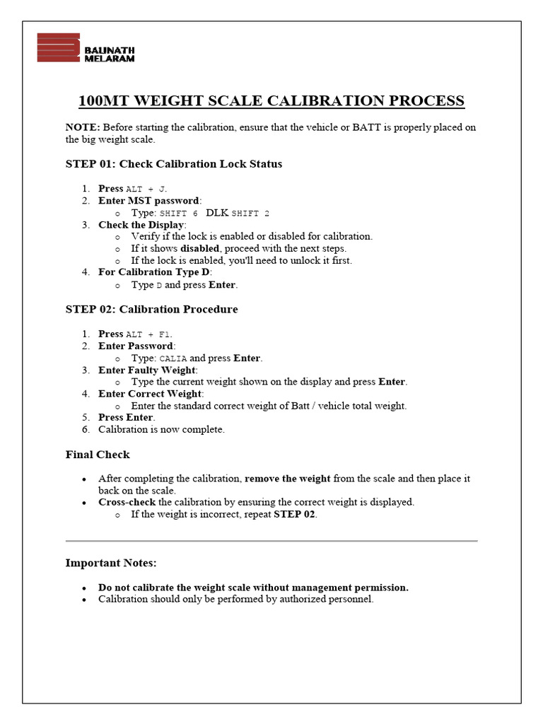 100mt Weight Scale Calibration Process | PDF