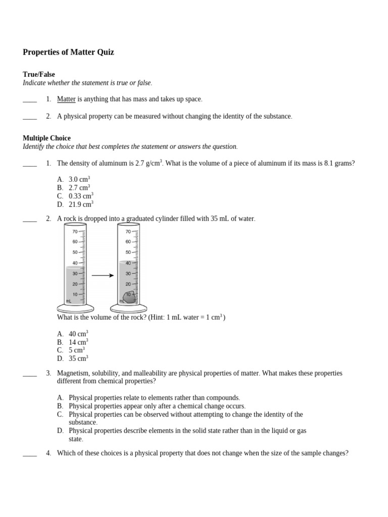 properties-of-matter-quiz | PDF | Chemical Substances | Density