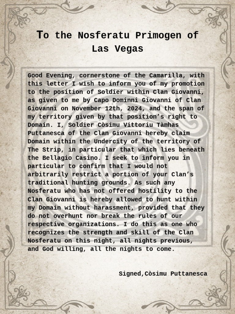 Cosimo's letter to the Nosferatu Primogen | PDF