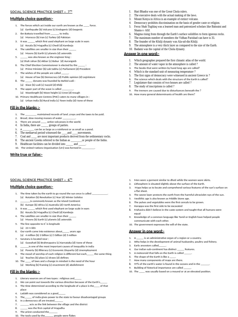 Social Science Practice Sheet | PDF | Earth | Sun