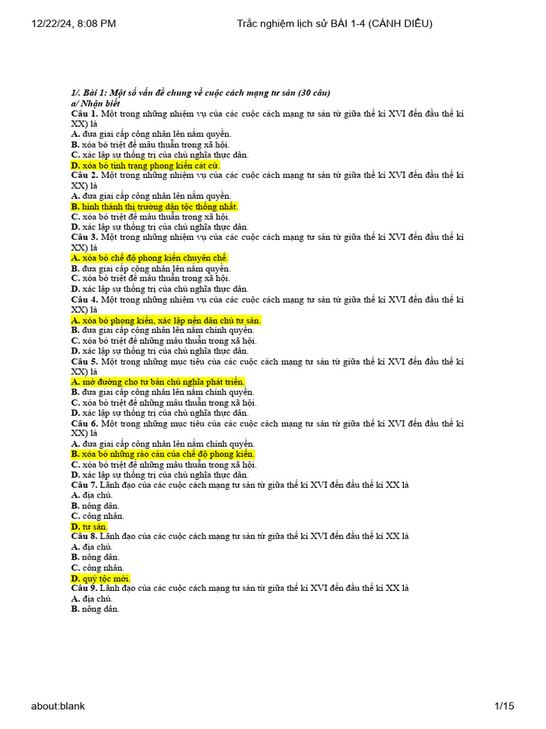 Trắc nghiệm lịch sử BÀI 1-4 (CÁNH DIỀU) | PDF