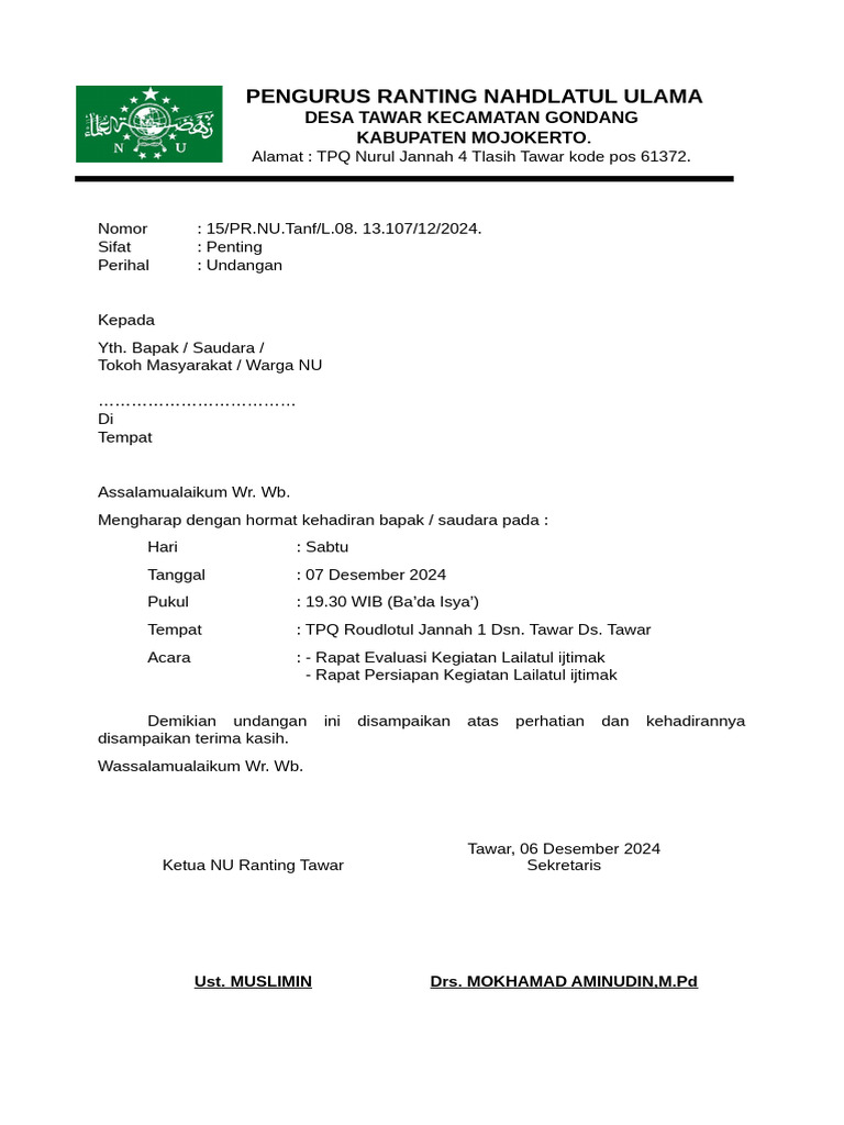 Pengurus Ranting Nahdlatul Ulama 06 12 24 | PDF